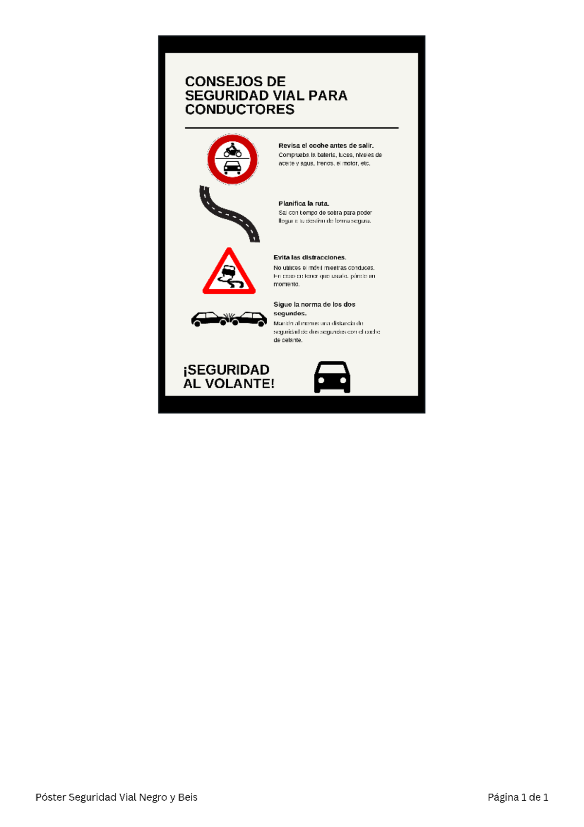 Póster Seguridad Vial Negro y Beis - CONSEJOS DE SEGURIDAD VIAL PARA ...