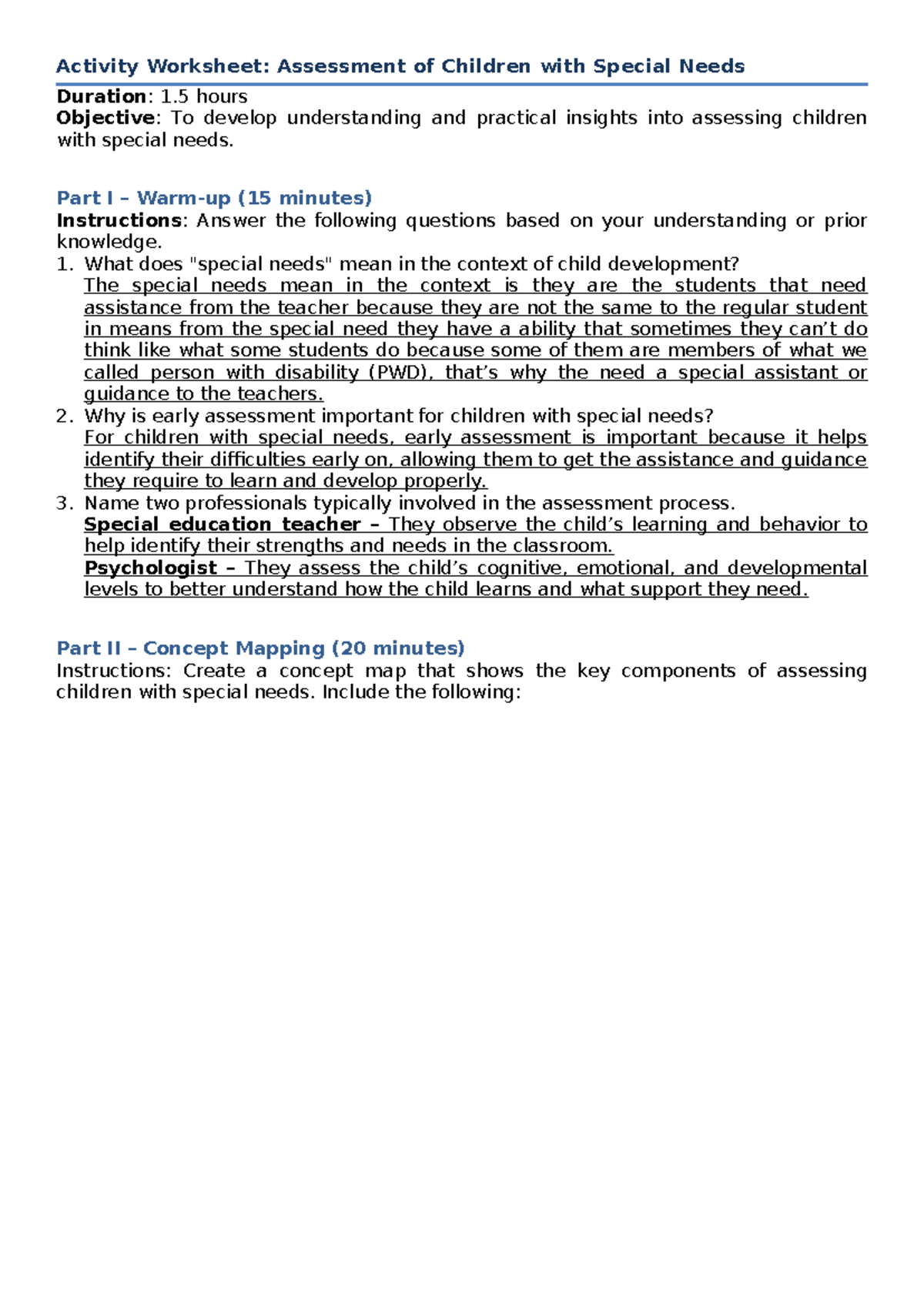 Assessment of Children with Special Needs: Activity Worksheet - Studocu