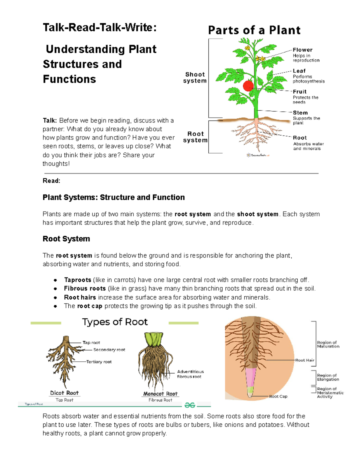 Talk-Read-Talk-Write Understanding Plant Structures and Functions ...
