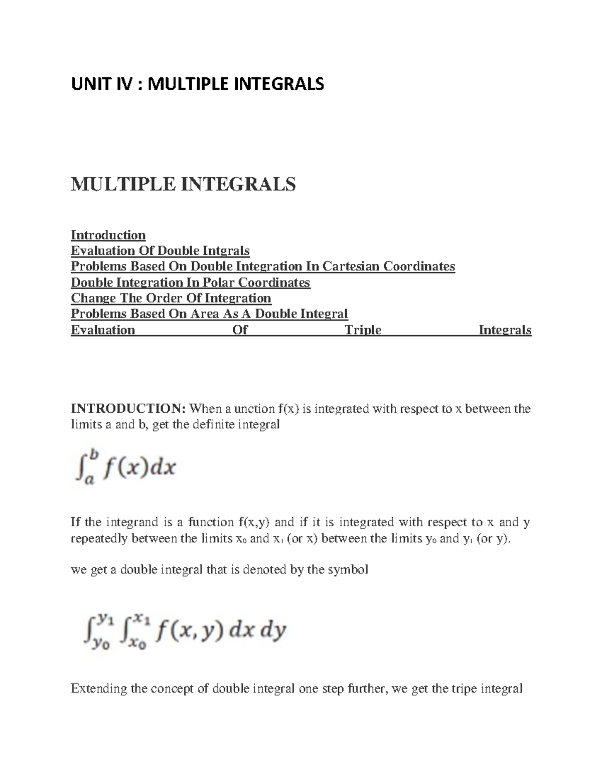 1st Semester Engineering Mathematics I part 4 - UNIT IV : MULTIPLE ...