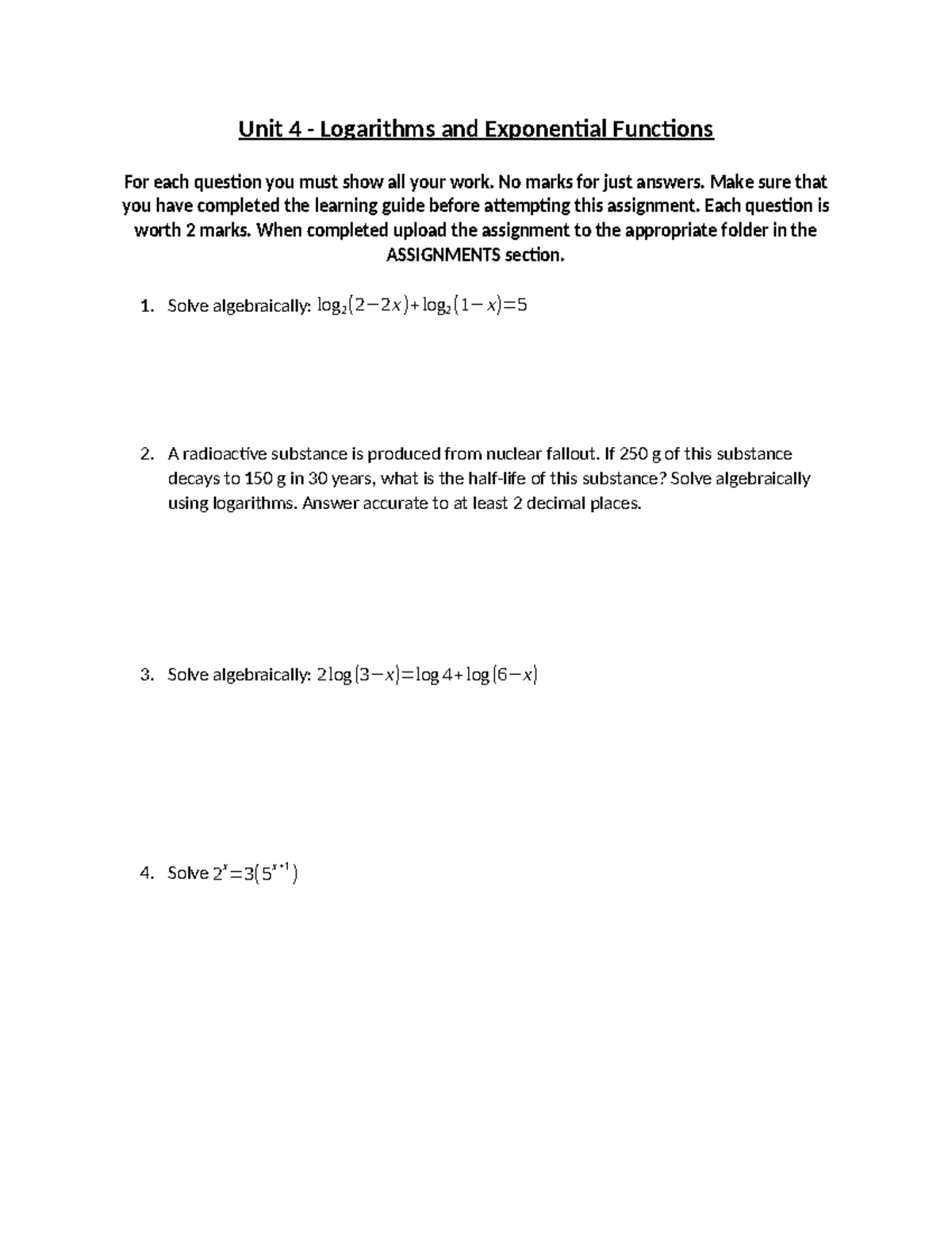 Unit 4: Logarithms & Exponential Functions Assignment - Studocu