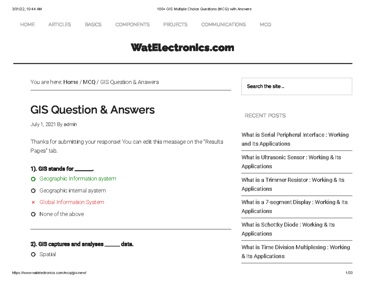 GIS 100+ MCQs with Answers for Exam Preparation - Studocu