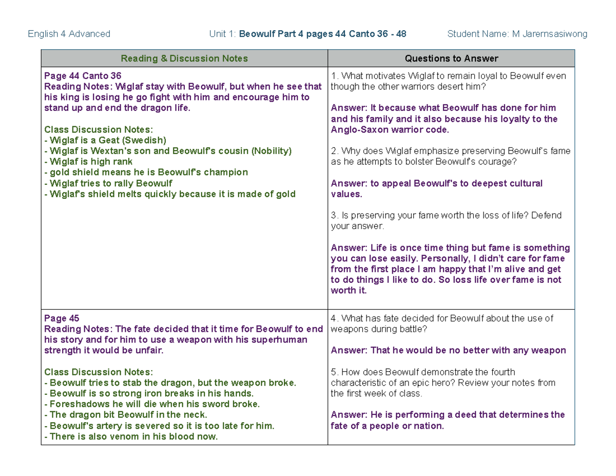 English 4 Advanced Final Exam: Beowulf Part 4 Discussion Notes - Studocu