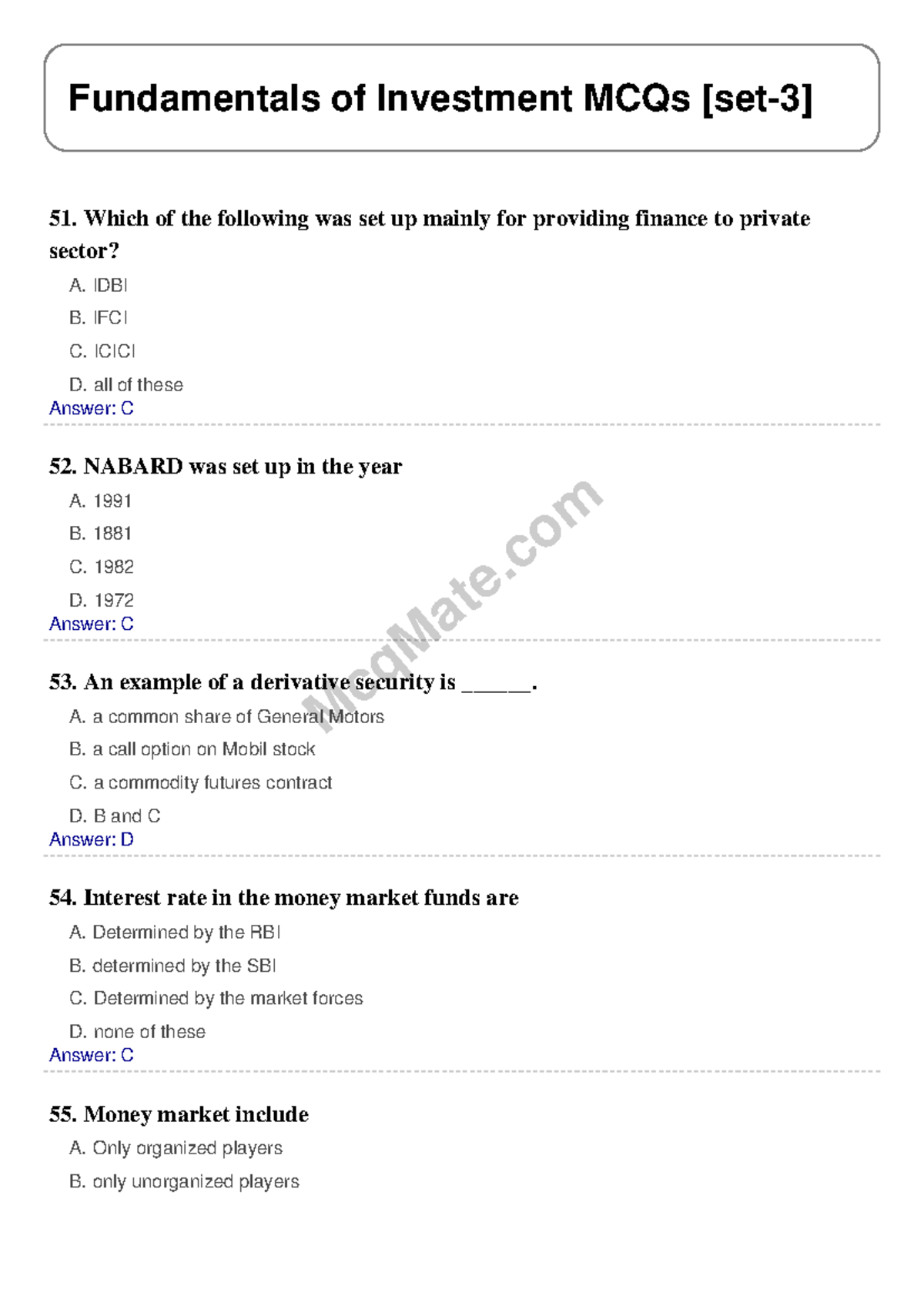 Fundamentals of Investment MCQs - Set 3 Revision Guide - Studocu