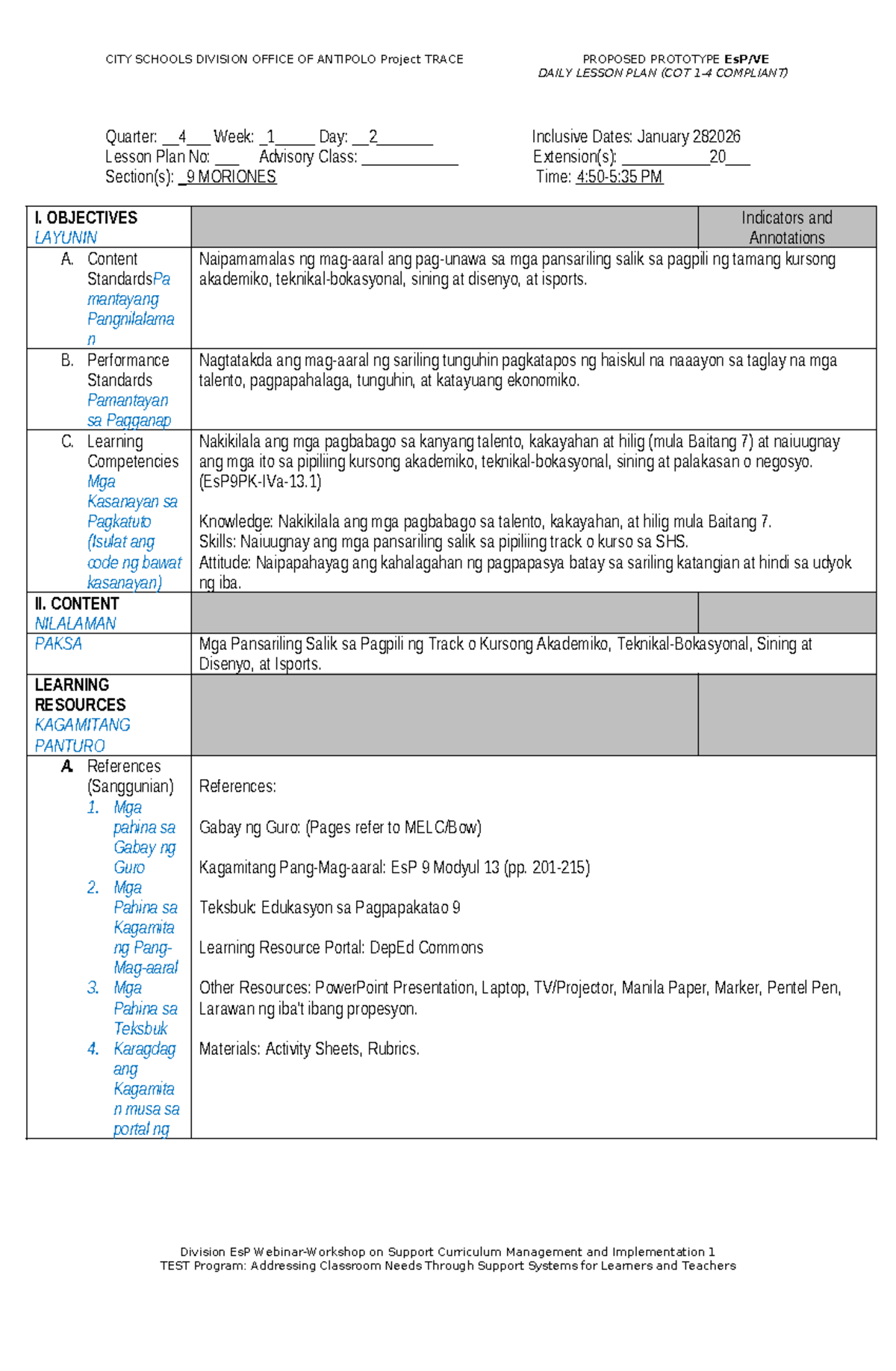 ESP 9 COT - 4th Quarter Daily Lesson Plan: Factors in Course Selection ...