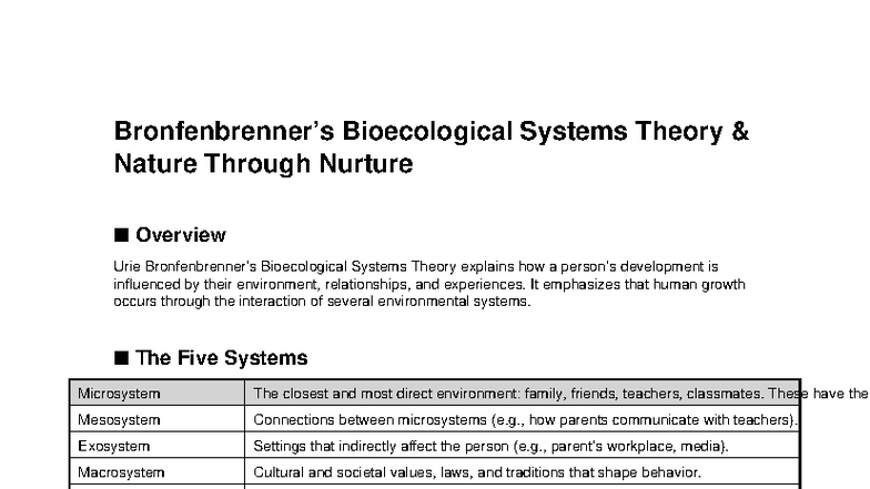 Bronfenbrenner's Bioecological Theory: Nature & Nurture Overview - Studocu
