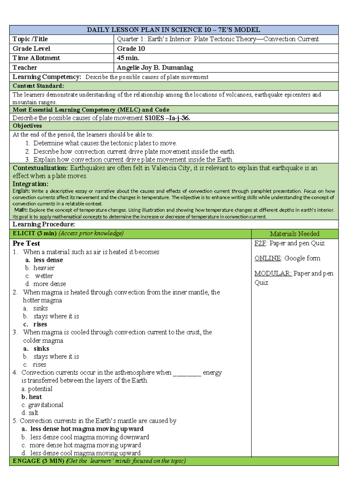 DAILY LESSON PLAN: SCI 10 - Convection Currents & Plate Tectonics - Studocu