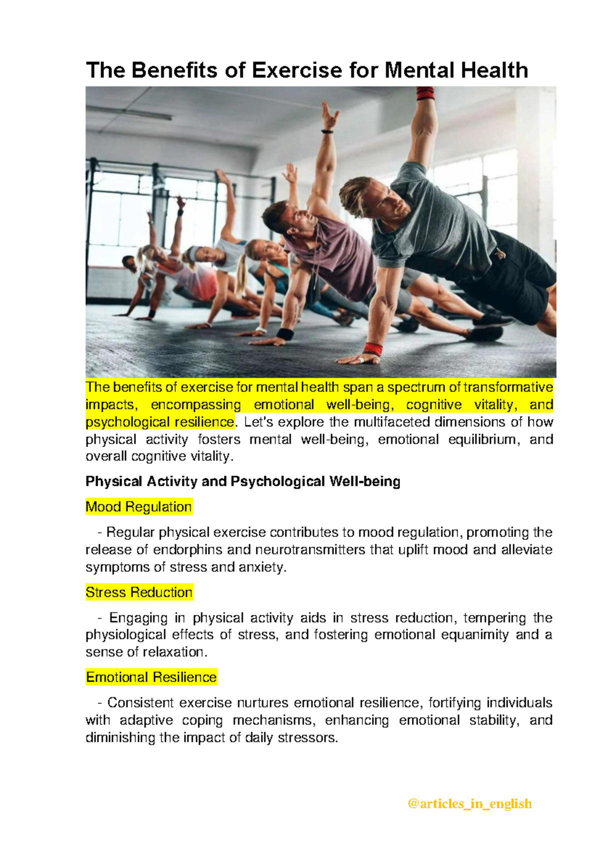 The Impact of Exercise on Mental Health: Benefits and Insights - Studocu