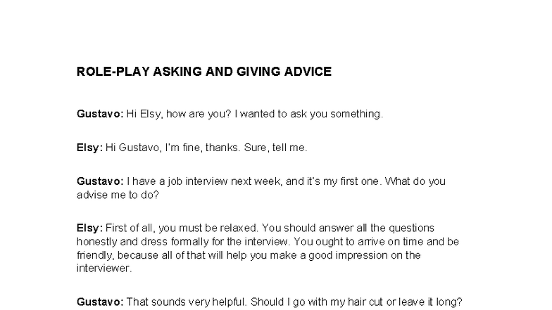 Roleplay: Asking and Giving Advice - BIEN - Studocu