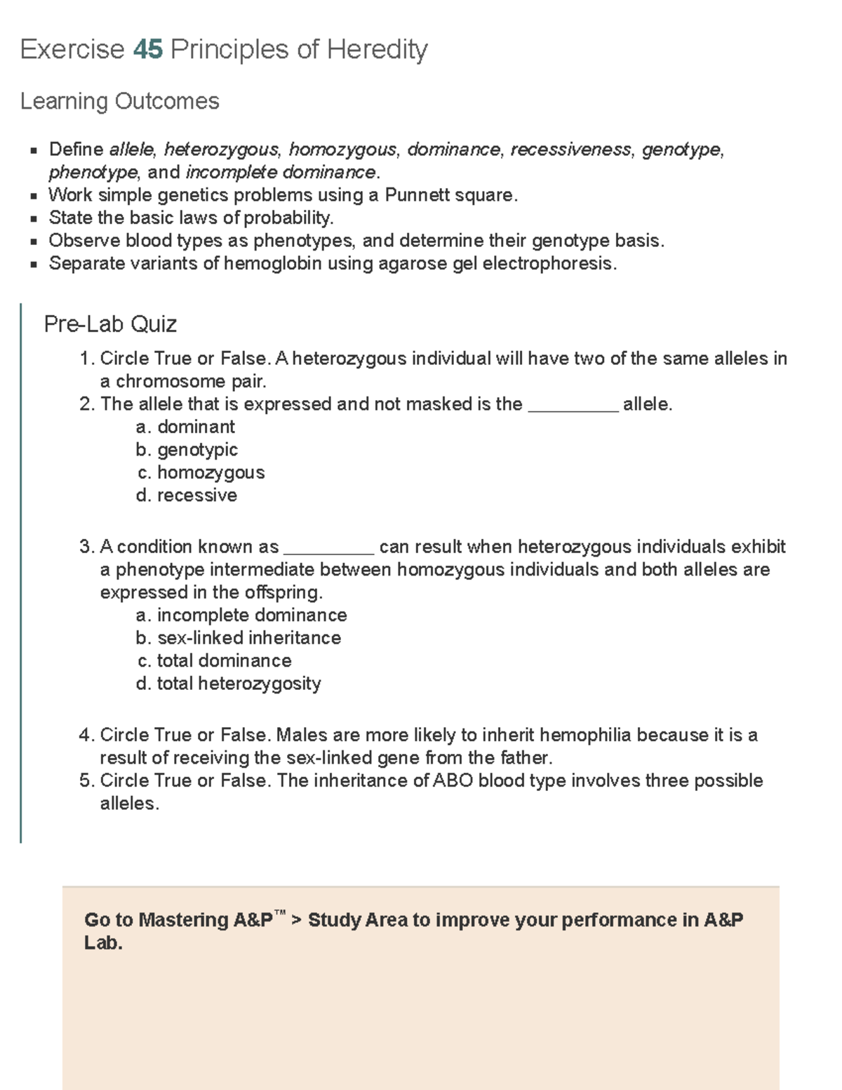 Pre Lab 45 - Principles of Heredity Quiz Overview - Studocu