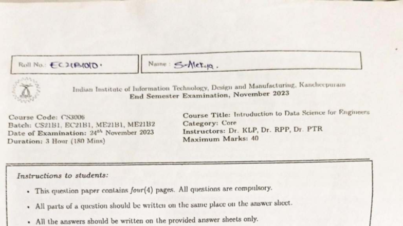 CS3006 End Semester Exam: Data Science for Engineers - Nov 2023 - Studocu