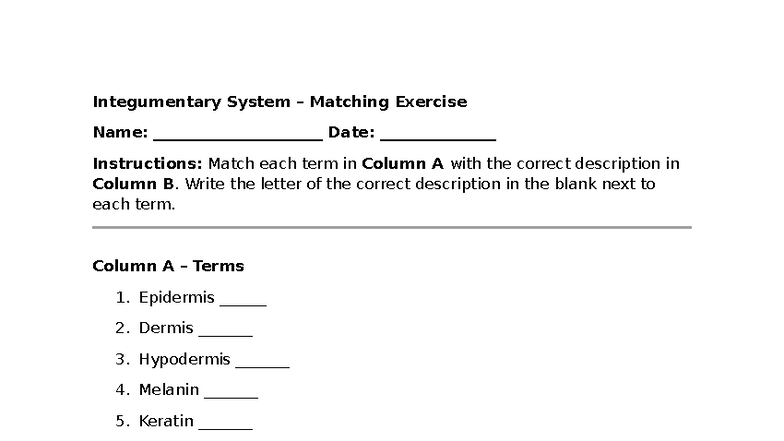 Integumentary System Matching Exercise: Terms & Descriptions - Studocu