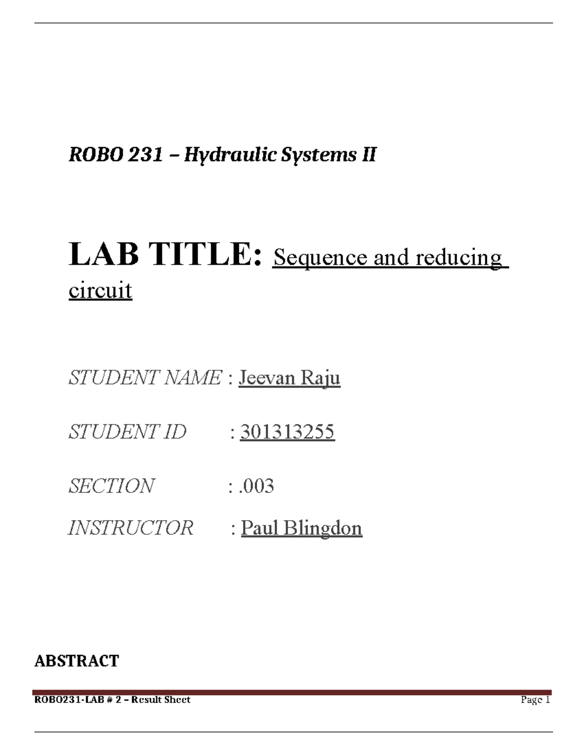 LAB #2 ROBO 231 Result Sheet - ROBO 231 – Hydraulic Systems II LAB ...