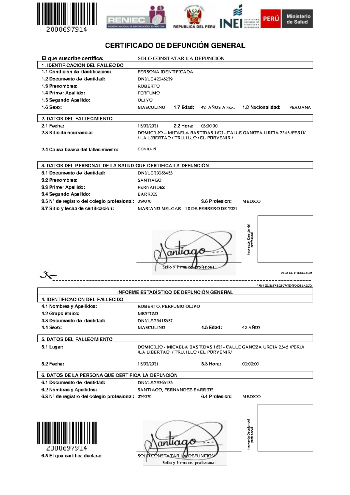 Ejemplos de Certificados de Defunción - ACTA DE Defunción - Studocu