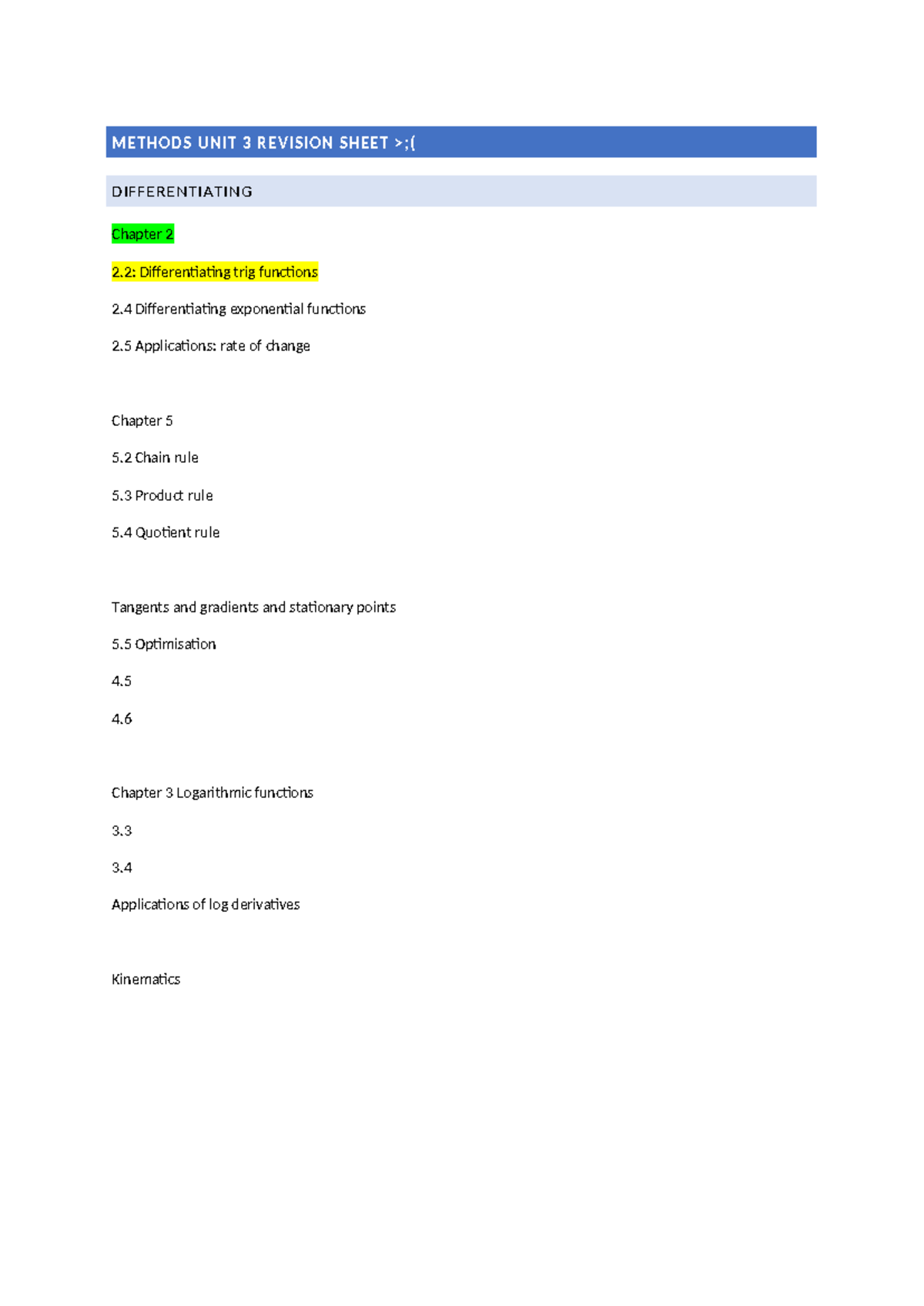 Methods Unit 3 Revision Sheet: Differentiation & Application Techniques - Studocu