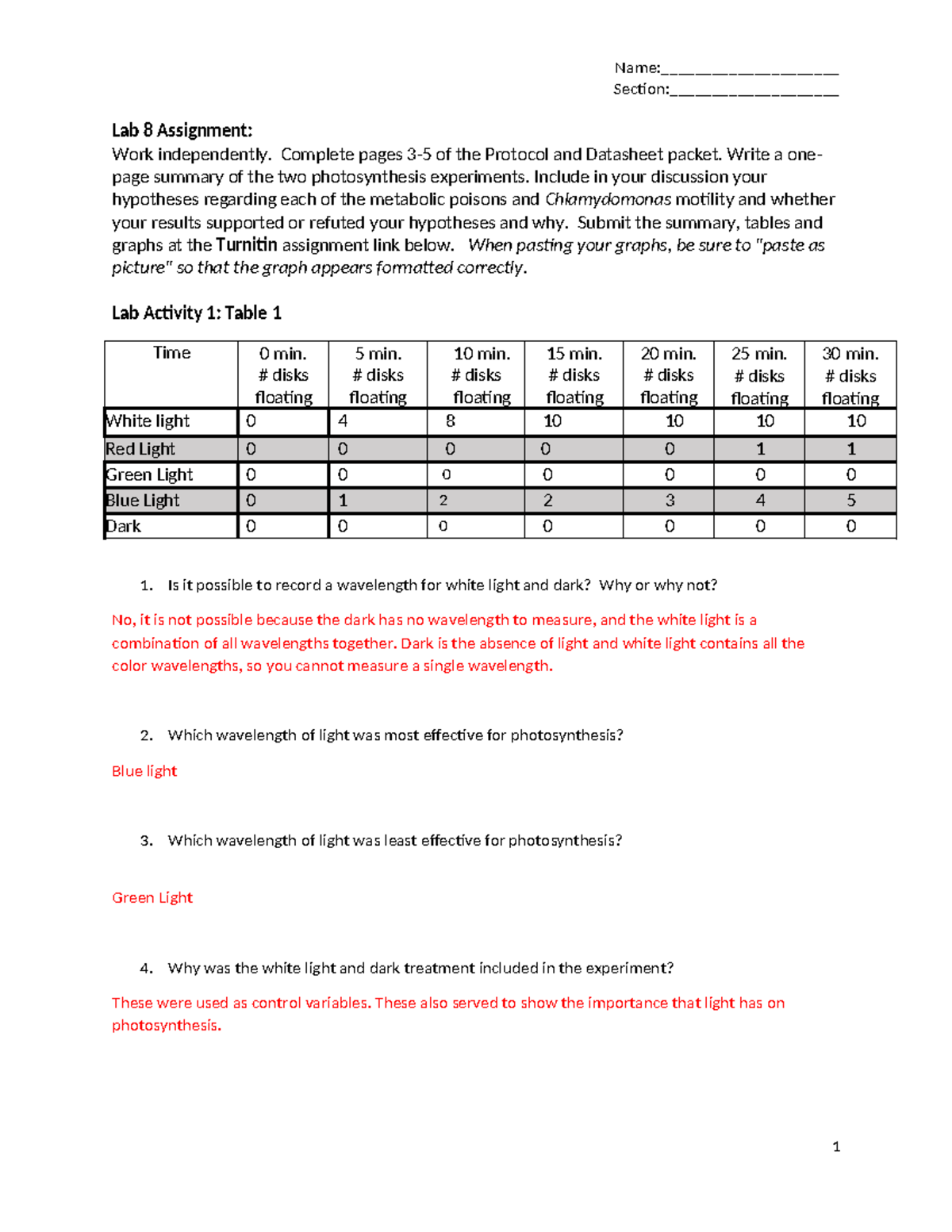 Photosynthesis Lab Report (BIOL 101): Experimental Observations ...