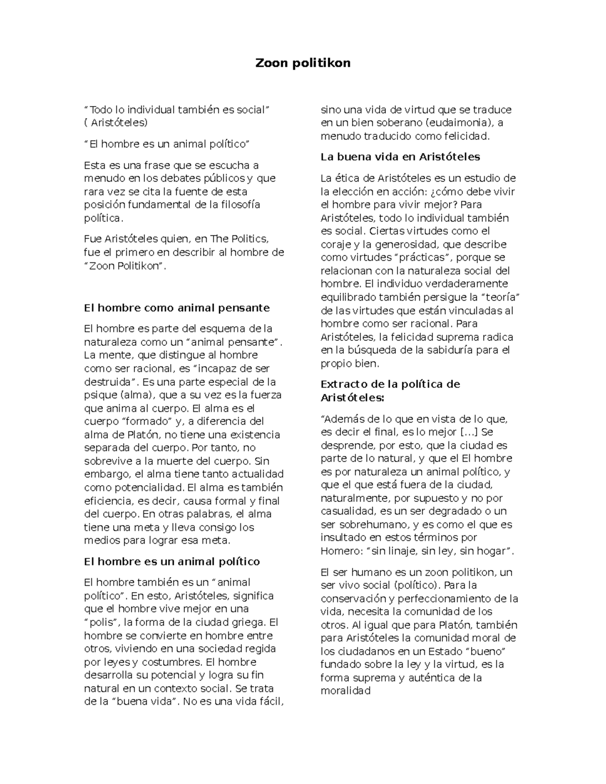 Zoon Politikon: Aristóteles y la Naturaleza Social del Hombre - Studocu