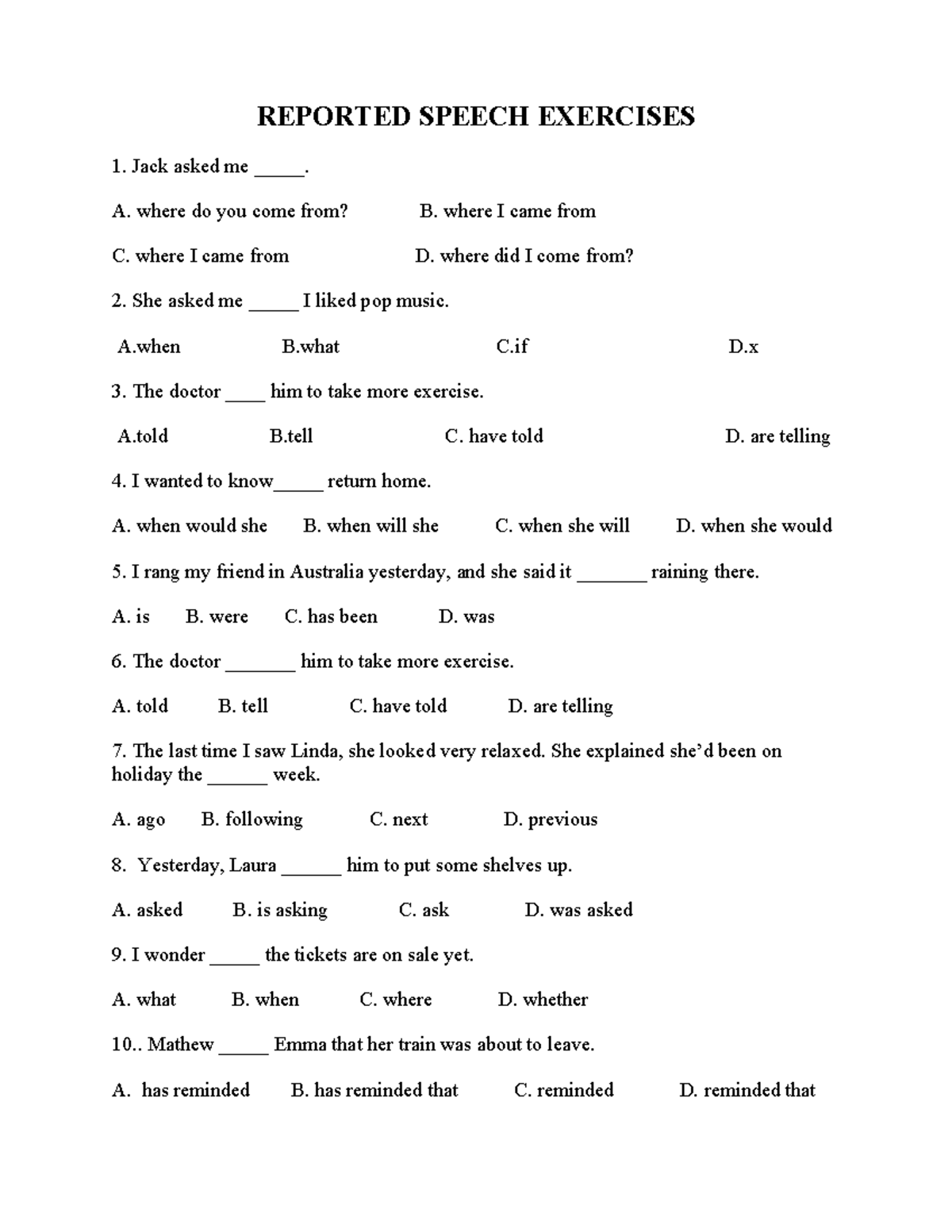 Reported Speech Exercises (ENG 101) - Studocu