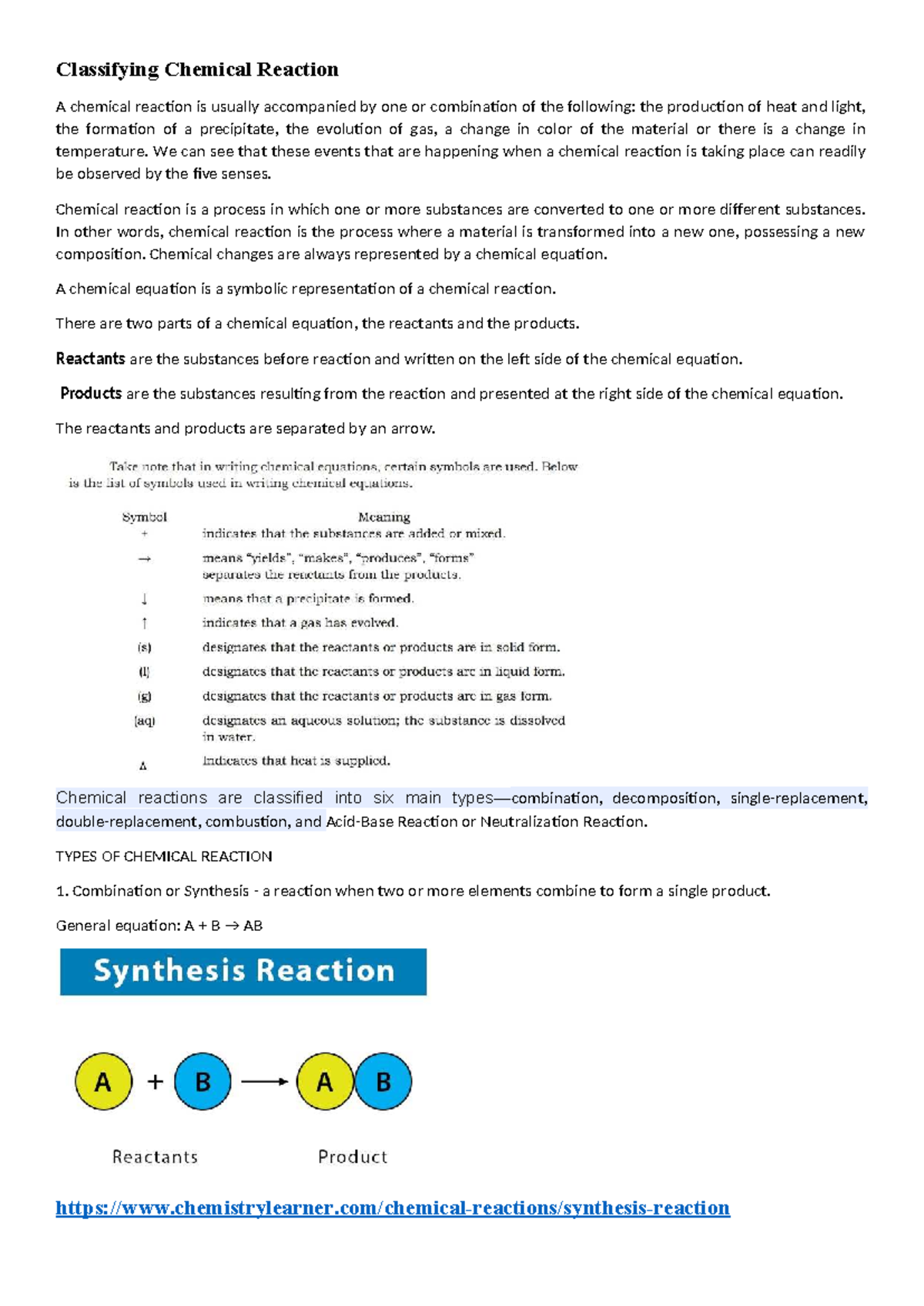 Classifying Chemical Reactions: Types and Equations Explained - Studocu