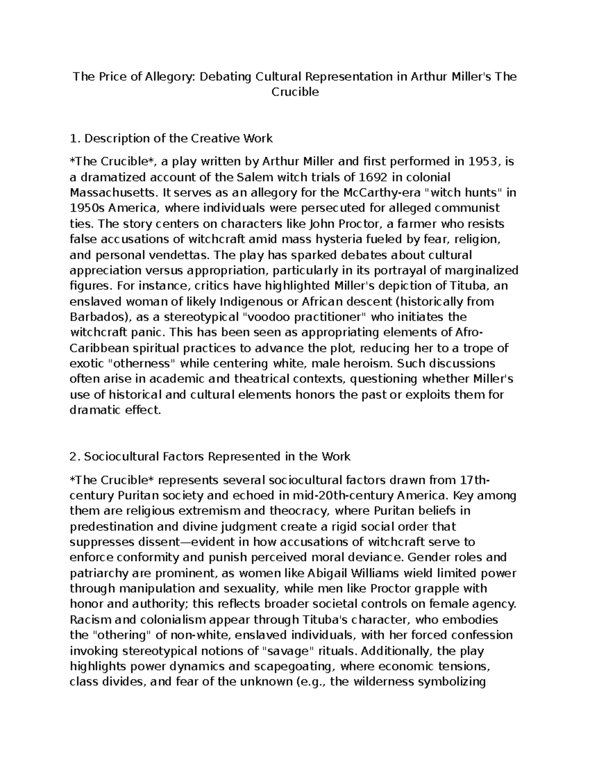 Cultural Representation in Arthur Miller's The Crucible: A Critical ...