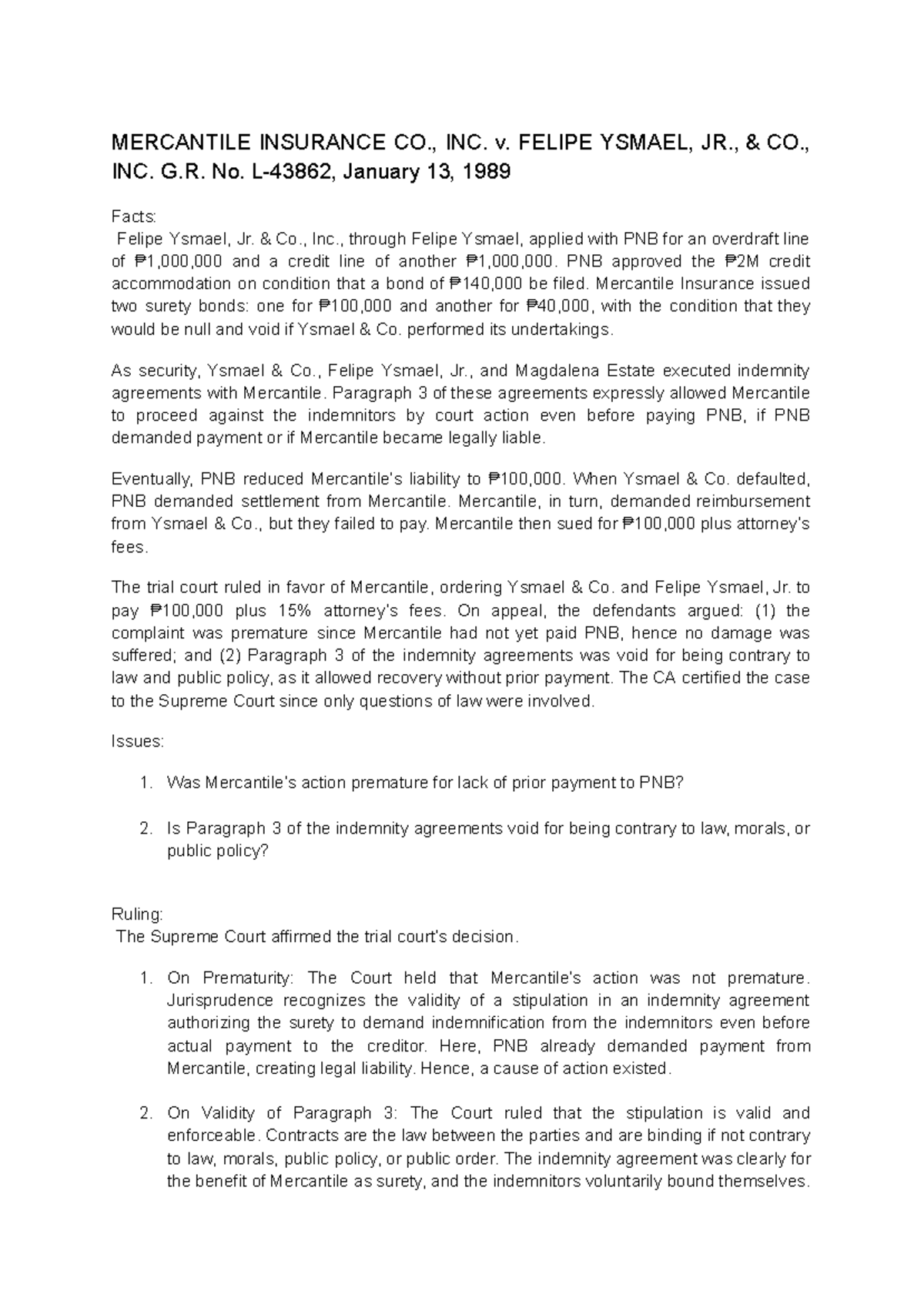 MERCANTILE INSURANCE CO. v. FELIPE YSMAEL, JR. & ASIA INSURANCE CORP ...