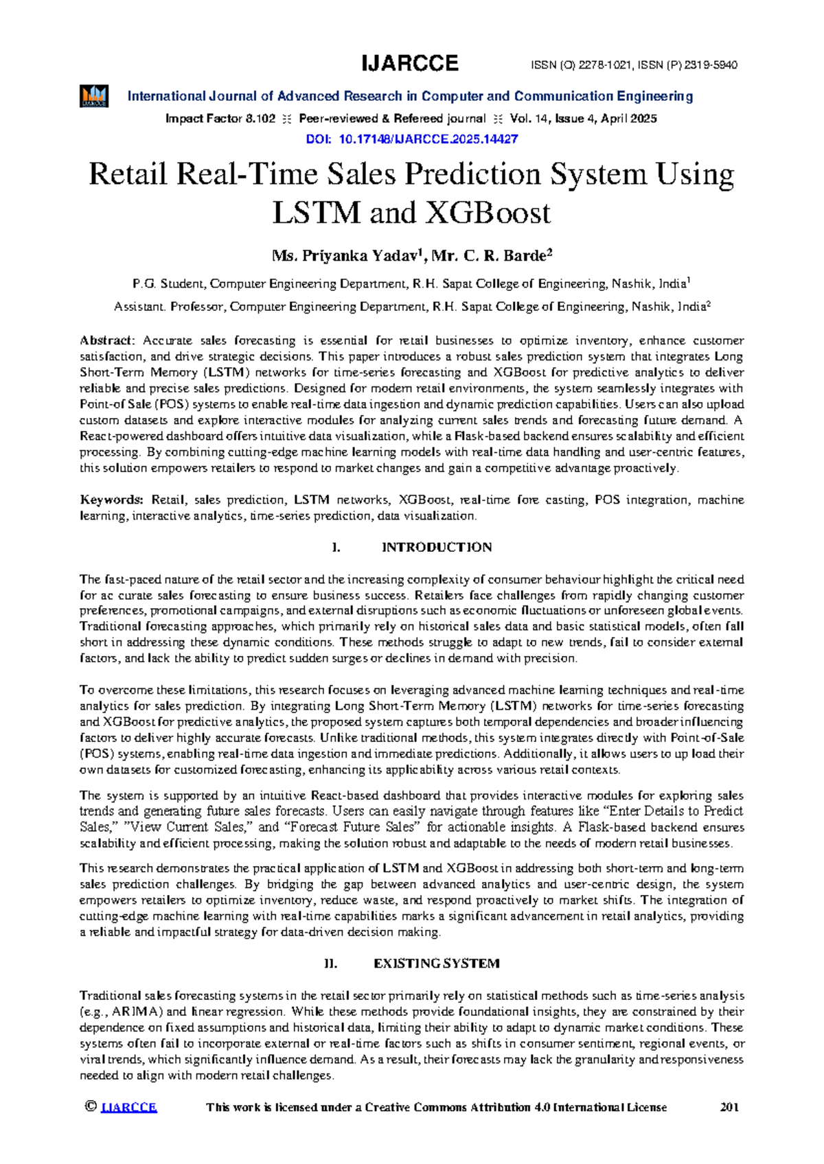 Retail Sales Prediction System Using LSTM & XGBoost - IJARCCE 14(4 ...