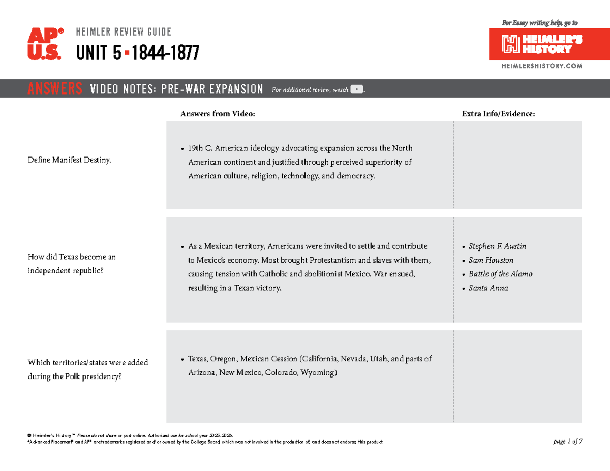 AP US HISTORY REVIEW GUIDE UNIT 5: EXPANSION & CIVIL WAR ANSWERS - Studocu