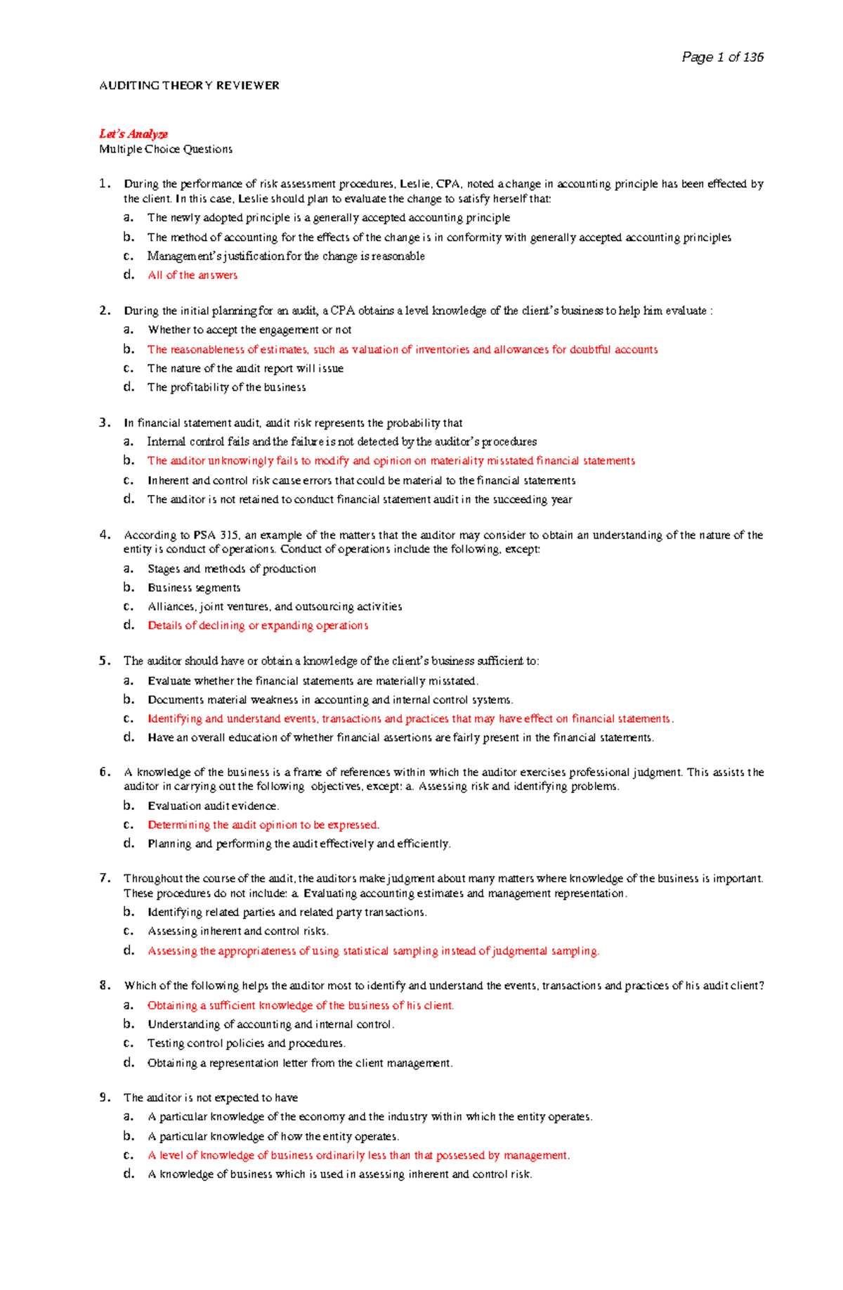 Auditing Theory Review 1 - AUDITING THEORY REVIEWER Let’s Analyze Multiple Choice Questions 1 ...