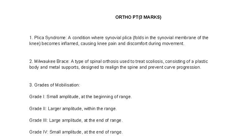 Ortho PT(3 MARKS) - Comprehensive Physiotherapy Notes - Studocu