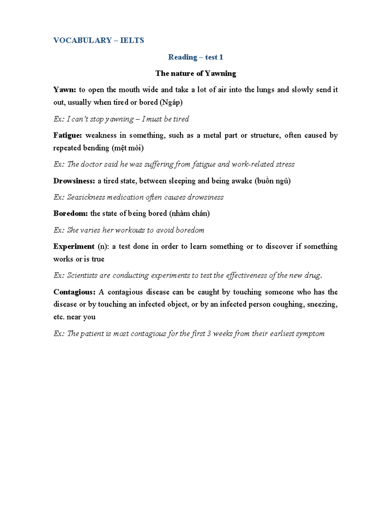 IELTS Reading Vocabulary: Test 1 - The Nature of Yawning - Studocu