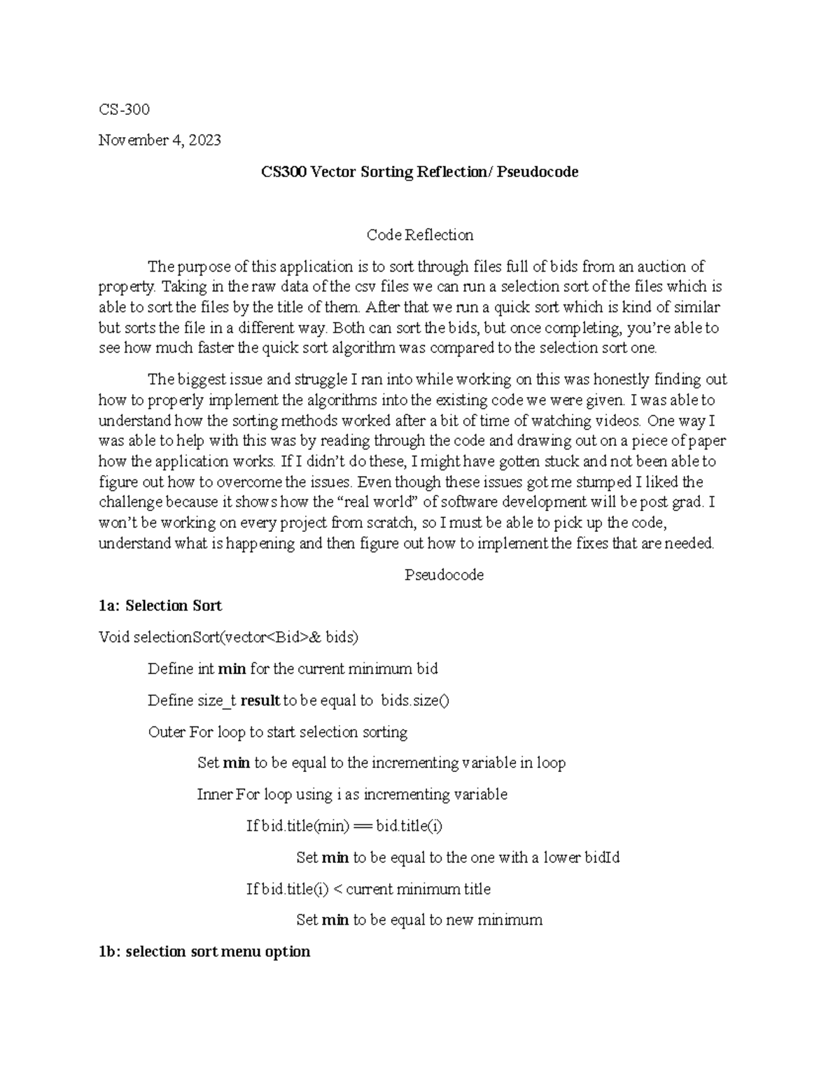 Cs300 Mod 2 Reflection On Vector Sorting Algorithms And Pseudocode 8905