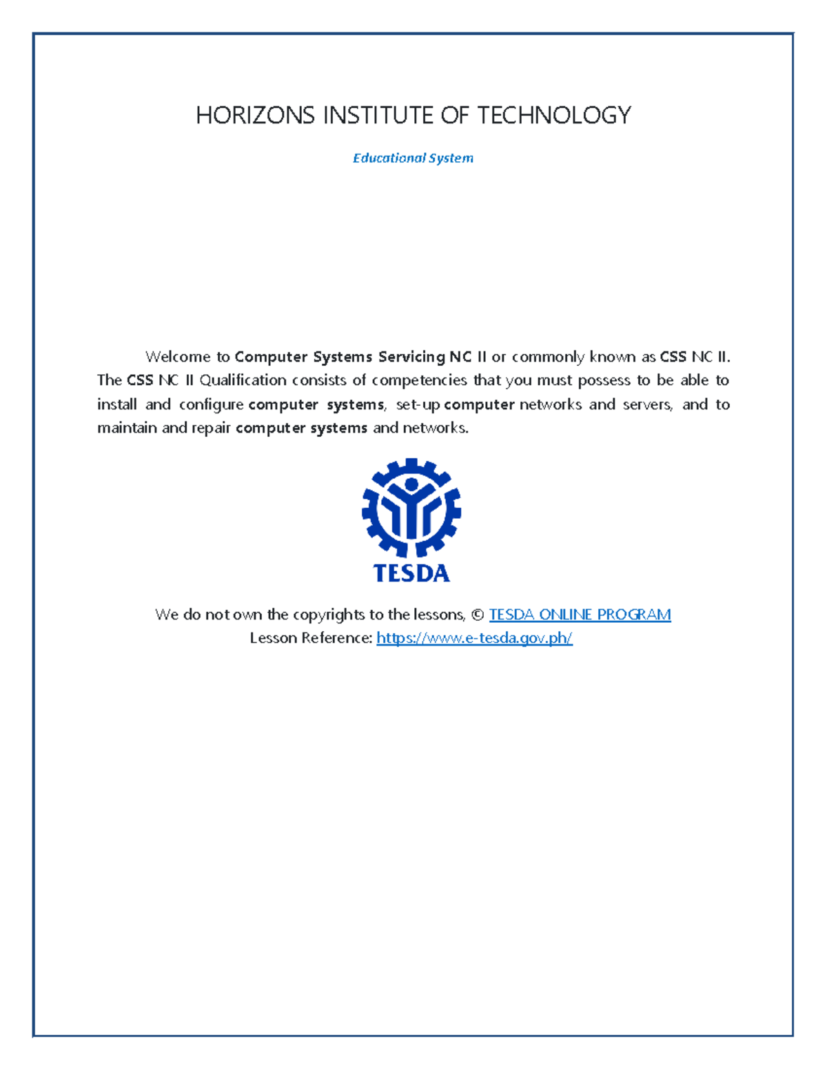 Coc 3 and 4 - tesda notes - HORIZONS INSTITUTE OF TECHNOLOGY ...