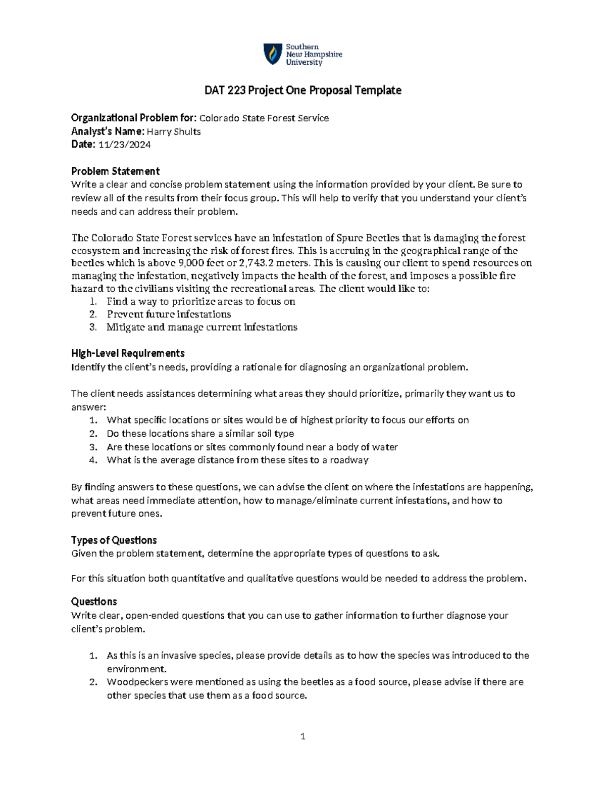 DAT 223 Project One Proposal: Infestation Management for CSFS - Studocu