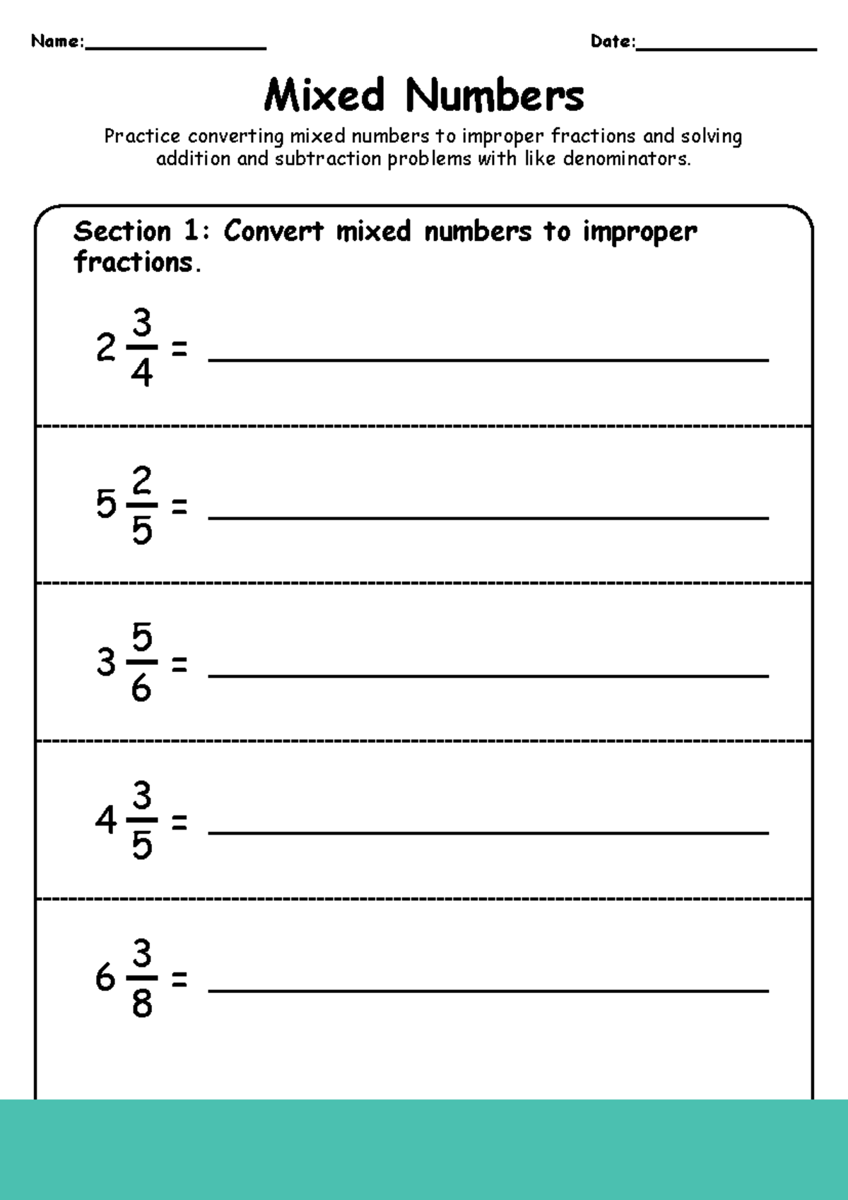 Converting Mixed Numbers to Improper Fractions - 4th Grade Worksheet ...