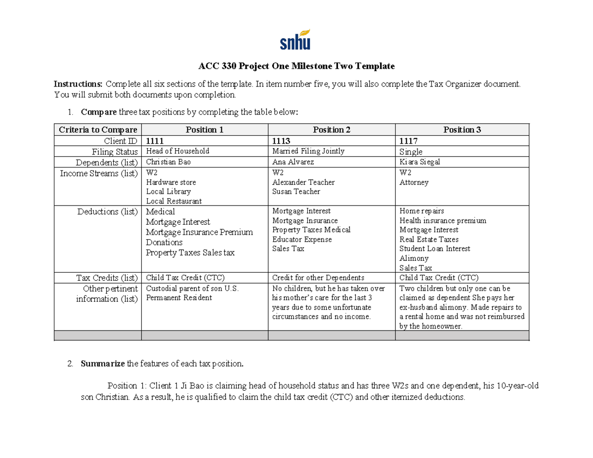 ACC 330 Project One Milestone Two - Tax Position Analysis Template - Studocu