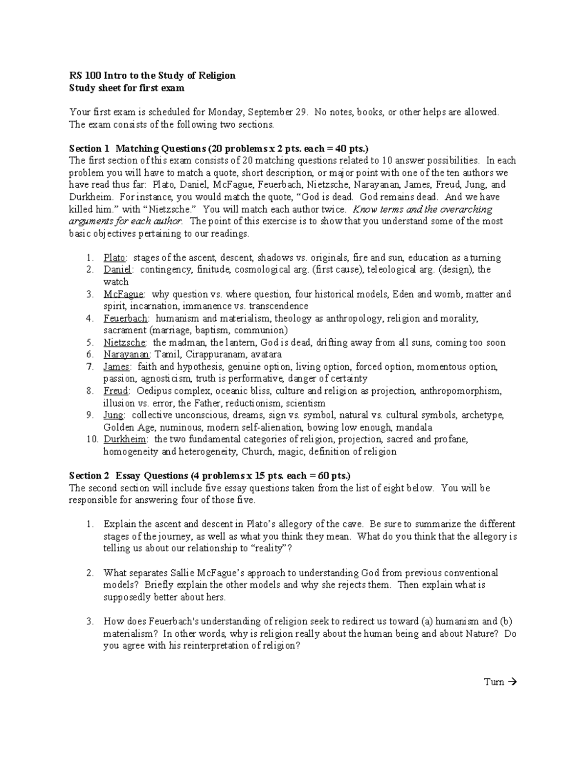 RS 100 Intro to Religion: Exam Study Sheet & Key Concepts - Studocu