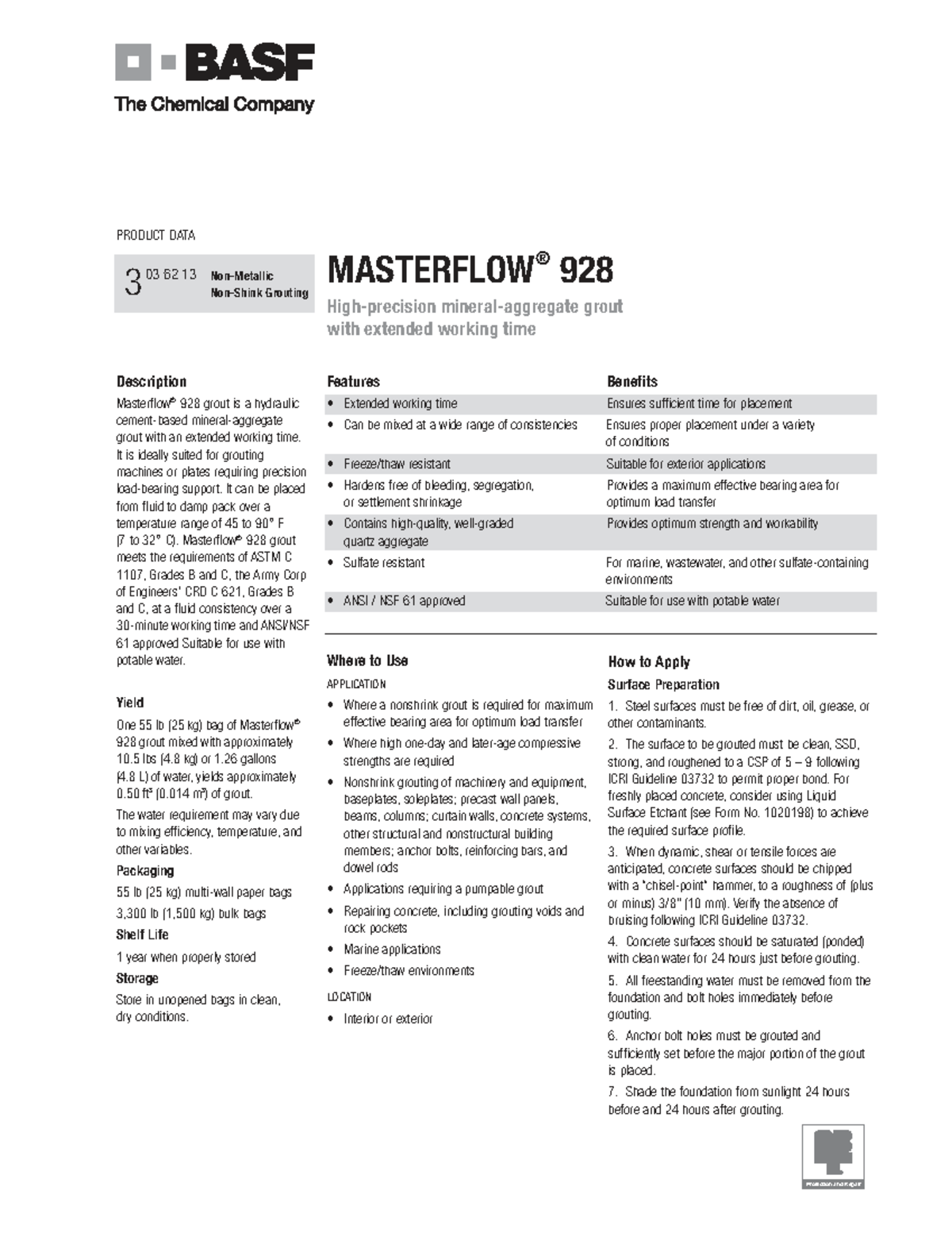 MasterFlow 928 Product Data Sheet: Hydraulic Grout with Extended ...