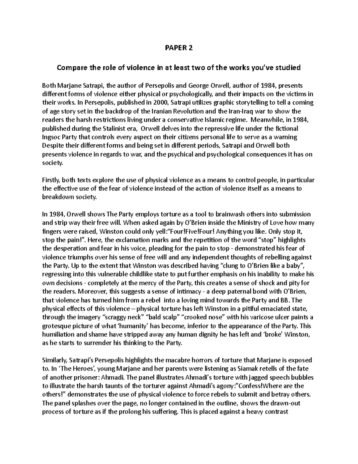 Comparative Analysis of Violence in IB Essay: 1984 vs Persepolis - Studocu