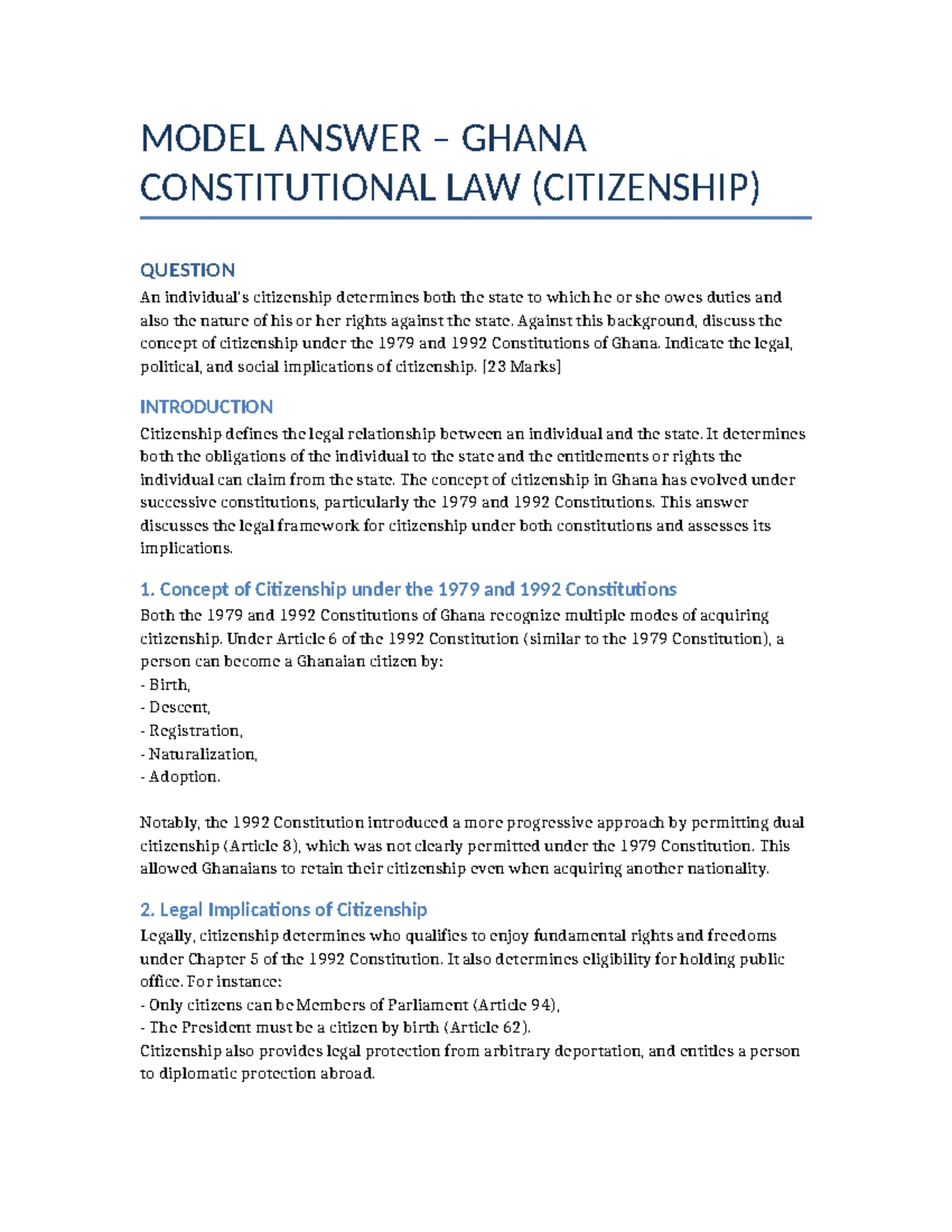 MODEL ANSWER: GHANA CONSTITUTIONAL LAW (Tuffuor Case Analysis) - Studocu