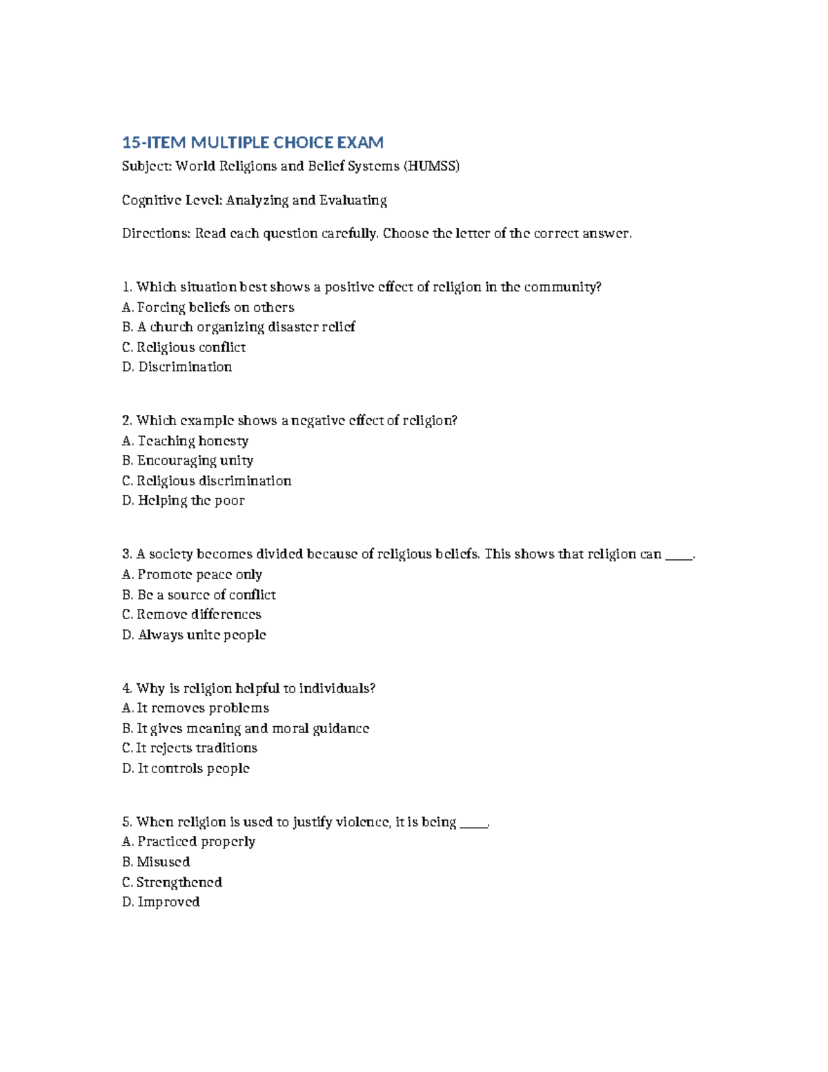 15 Item Analyzing & Evaluating Exam (HUMSS) on World Religions - Studocu