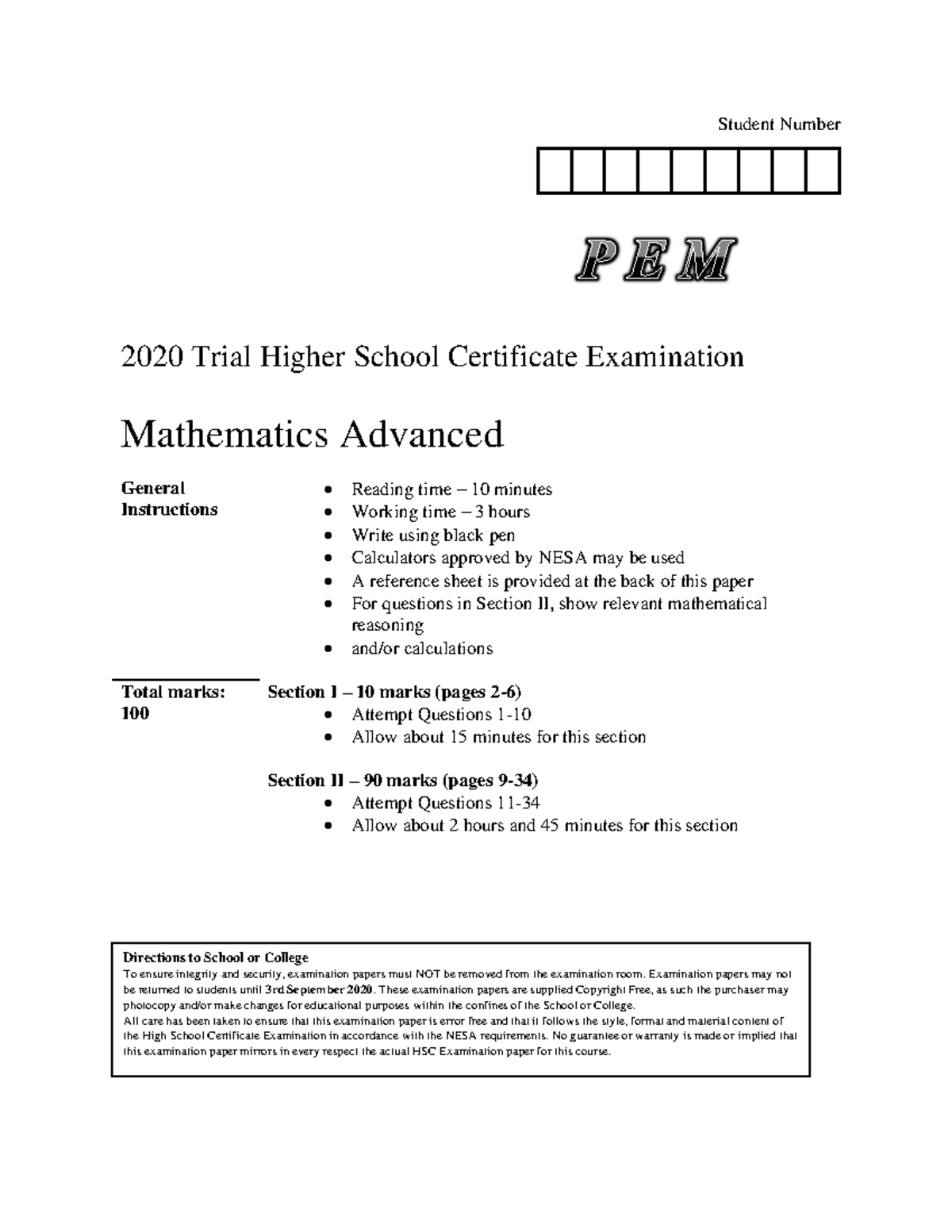 PEM Mathematics Advanced 2020 Solutions - Student Number 2020 Trial ...