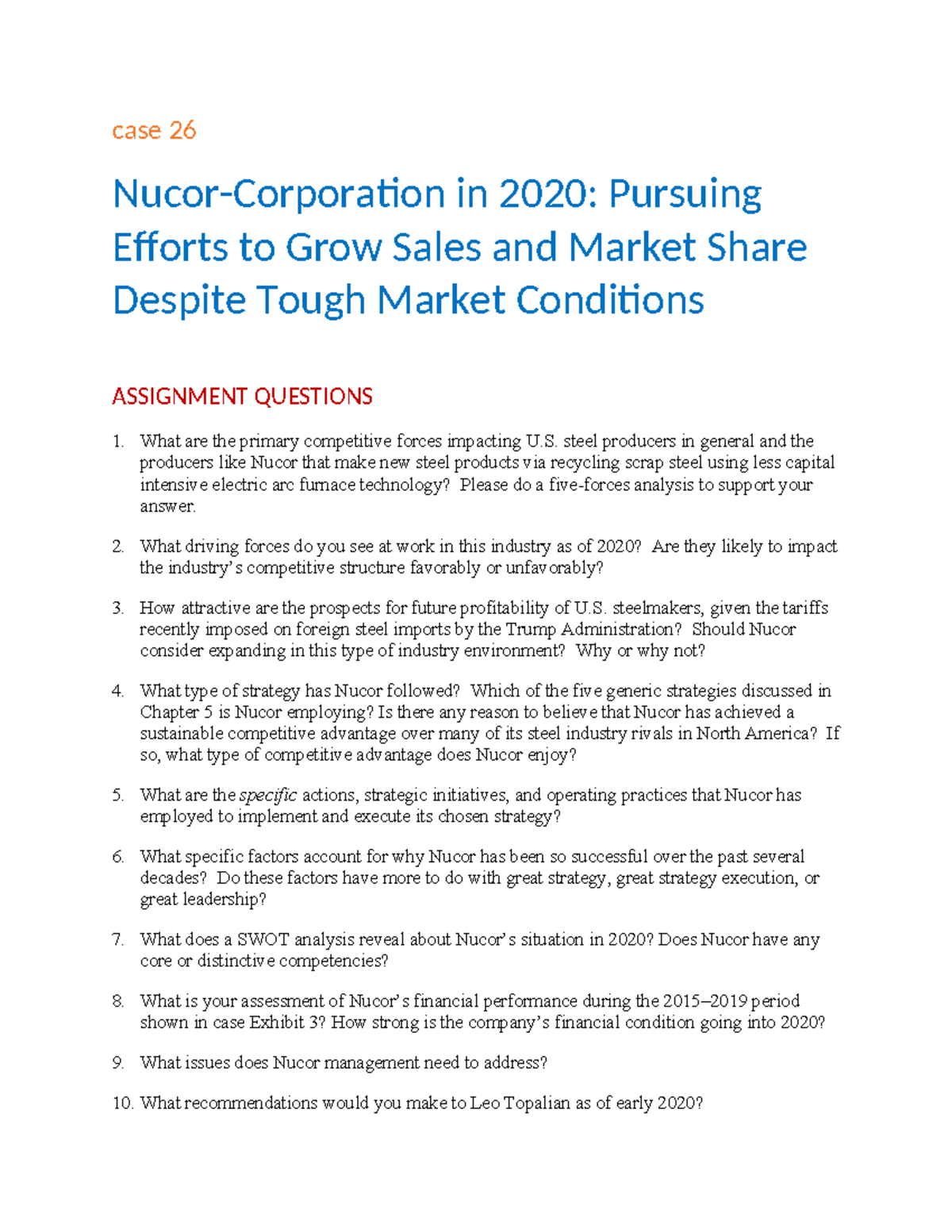 Nucor Case Study Questions (2020): Analysis & Strategy Insights - Studocu