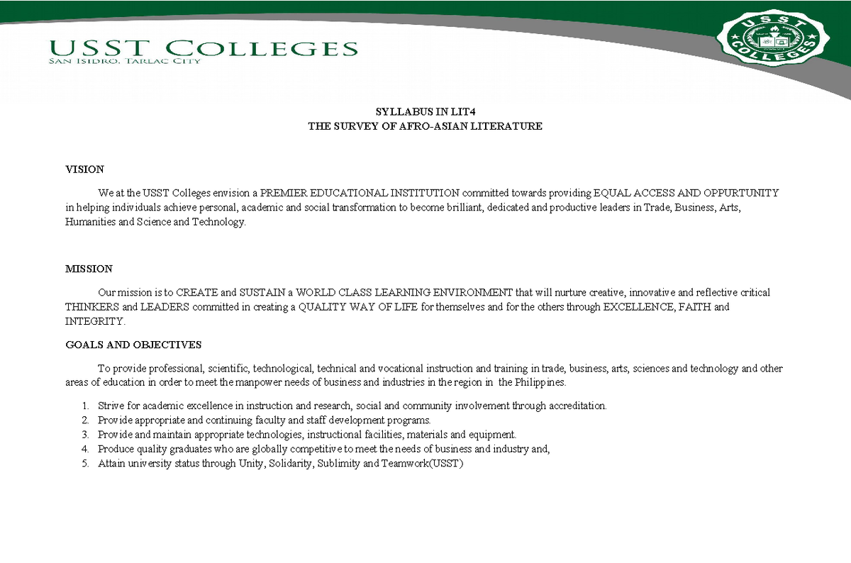 SYLLABUS LIT4: SURVEY OF LITERATURE - USST College Overview & Goals ...