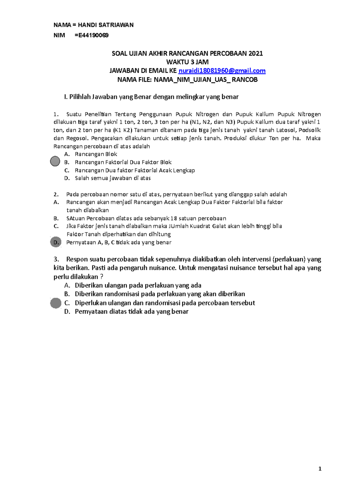 SOAL Ujian Akhir Rancangan Percobaan (RANCANGAN 2021) - Studocu