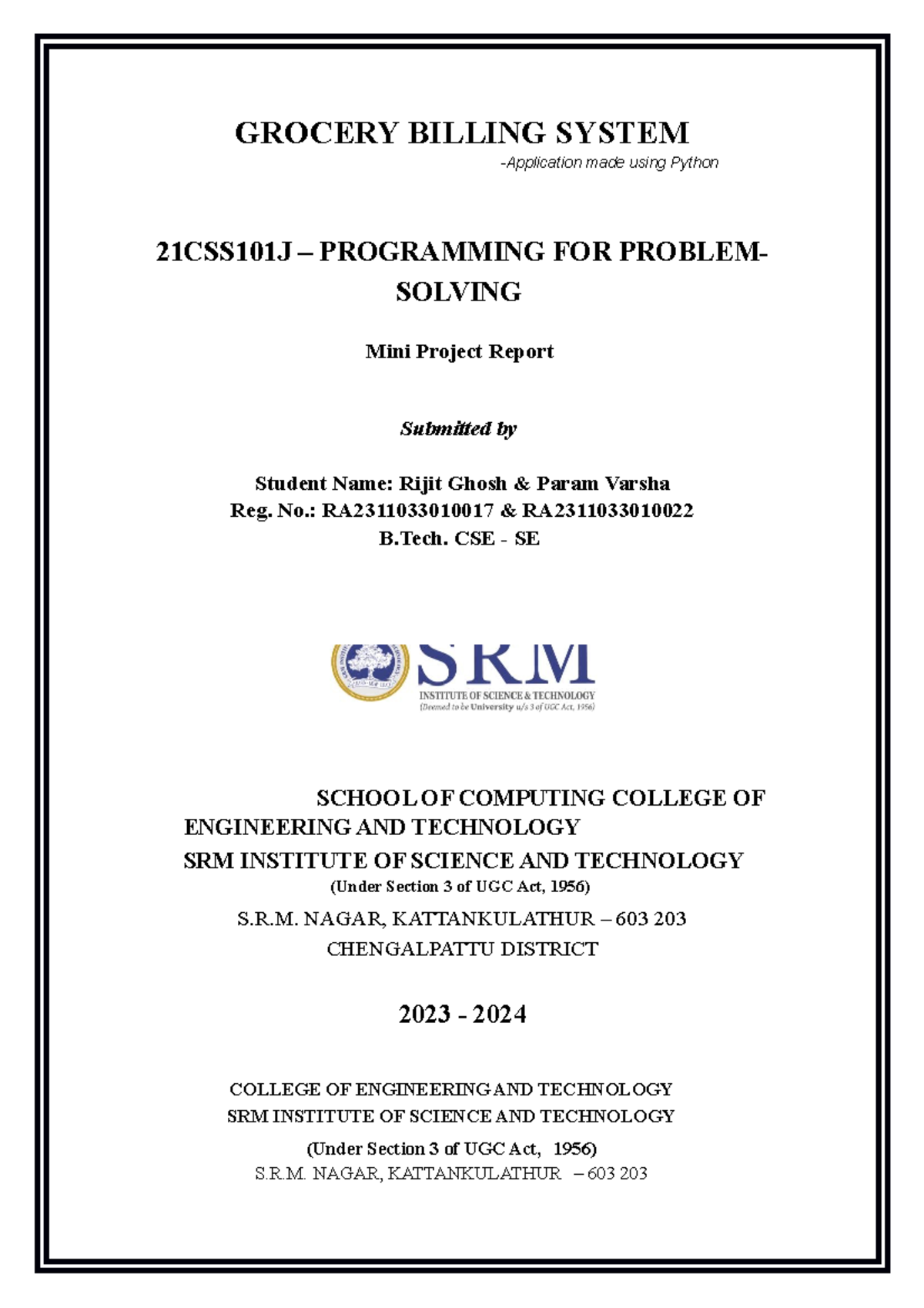PPS 21CSS101J - Mini Project Report on Grocery Billing System - Studocu