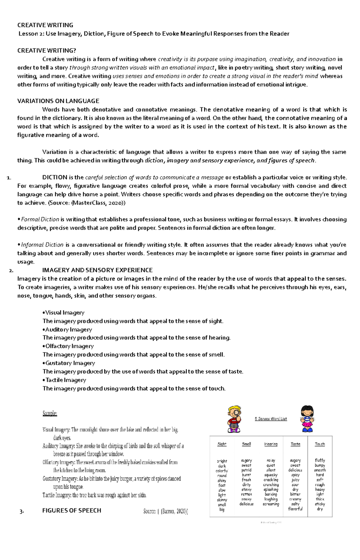 Creative Writing Lesson 2: Imagery, Diction, and Figures of Speech ...