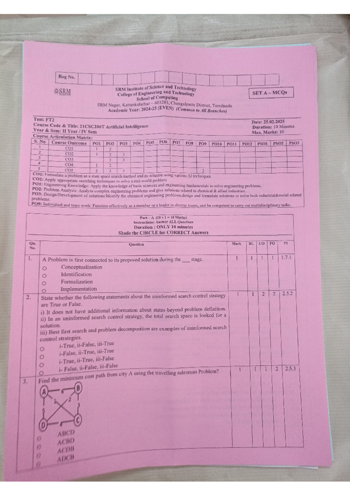 21CSC206T AI Final Exam: MCQs and Problem Solving Techniques - Studocu