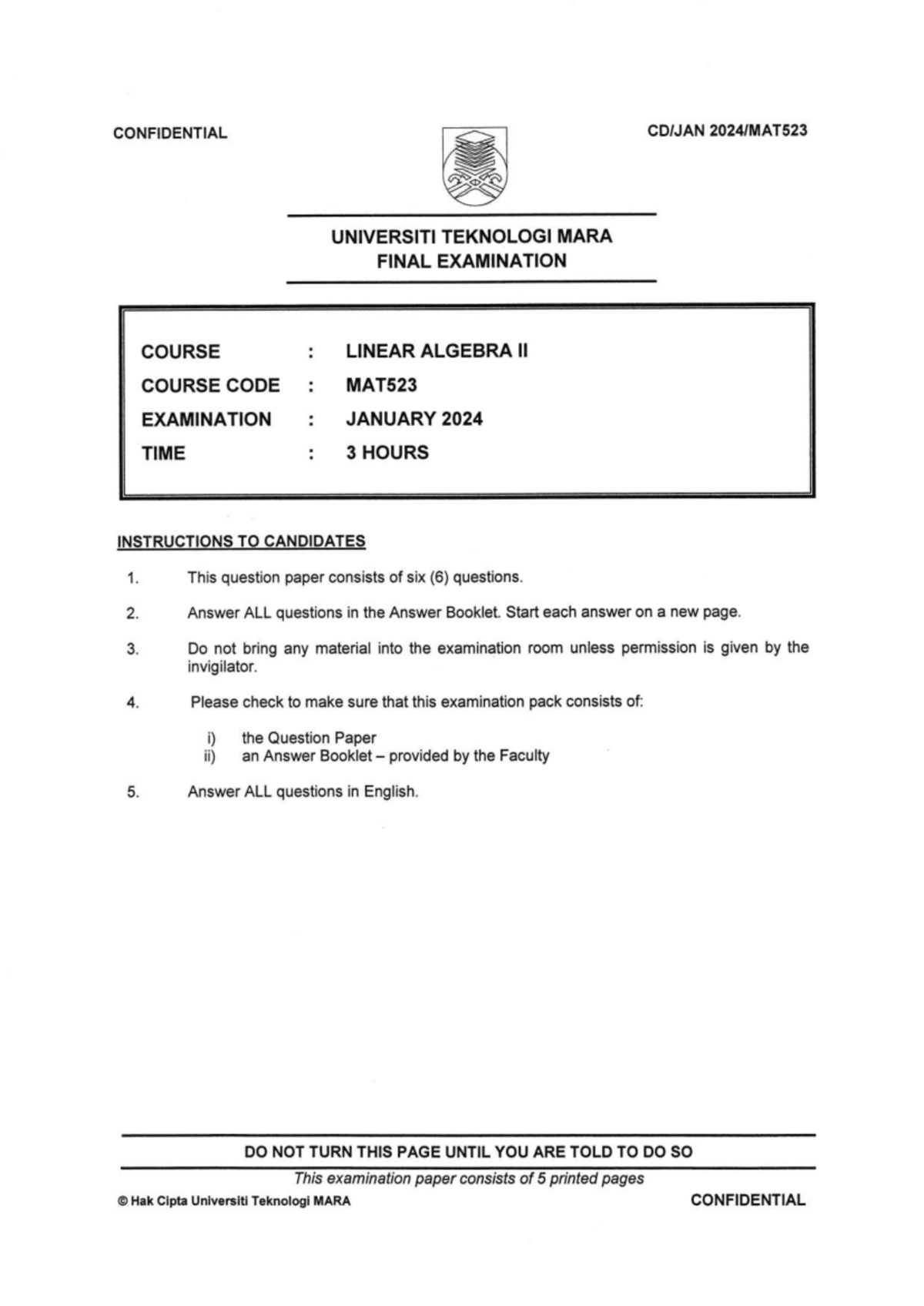 MAT523 Final Exam Paper: Linear Algebra II - January 2024 - Studocu