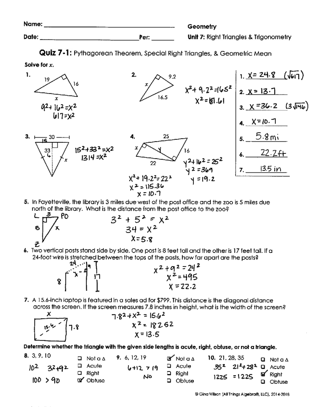 Geometry Unit 7: Right Triangles Trigonometry Quiz Answers (873051525 ...