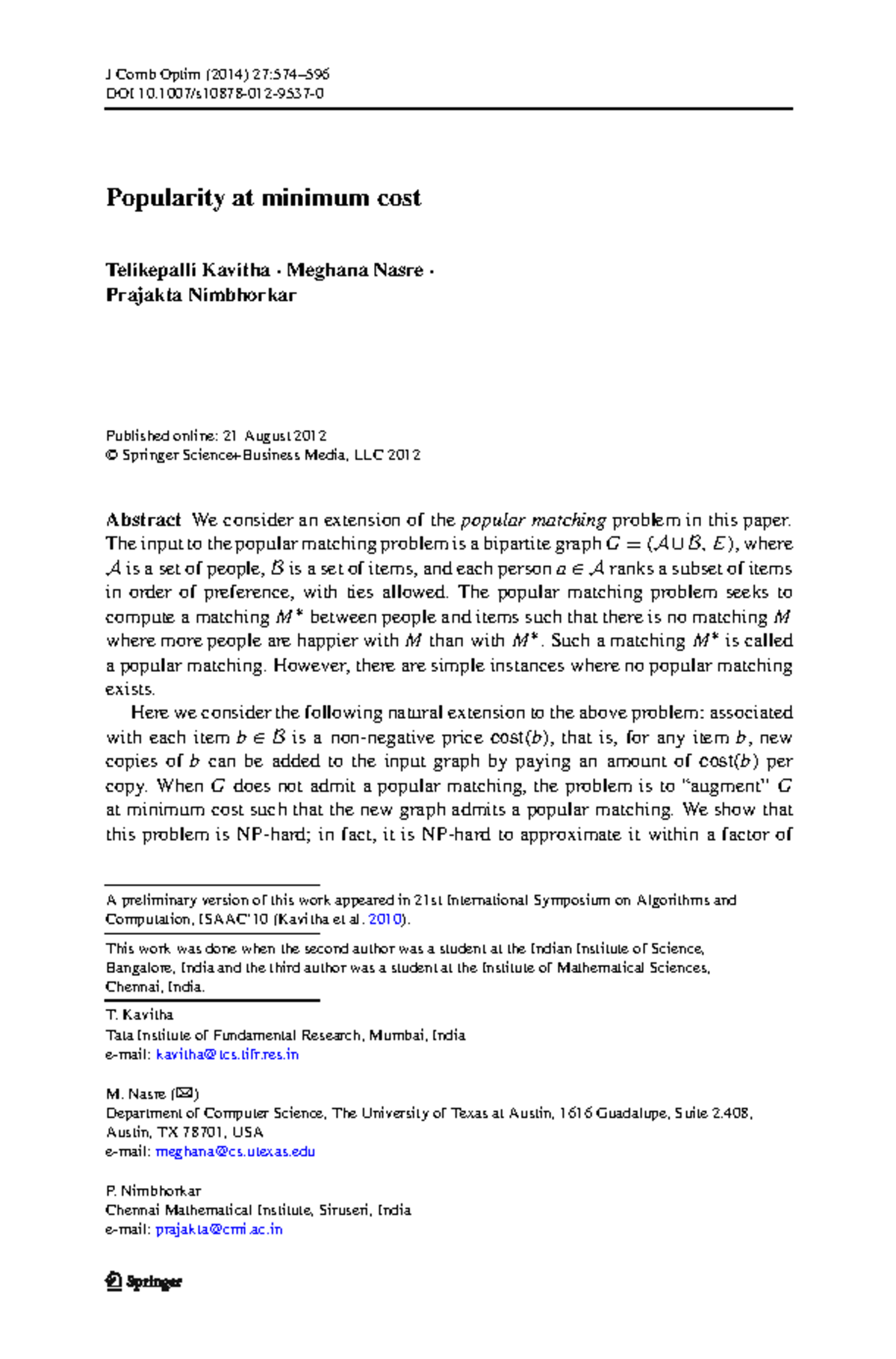 Research paper: Graph algorithms and matchings in graphs (JOCO14) - Studocu